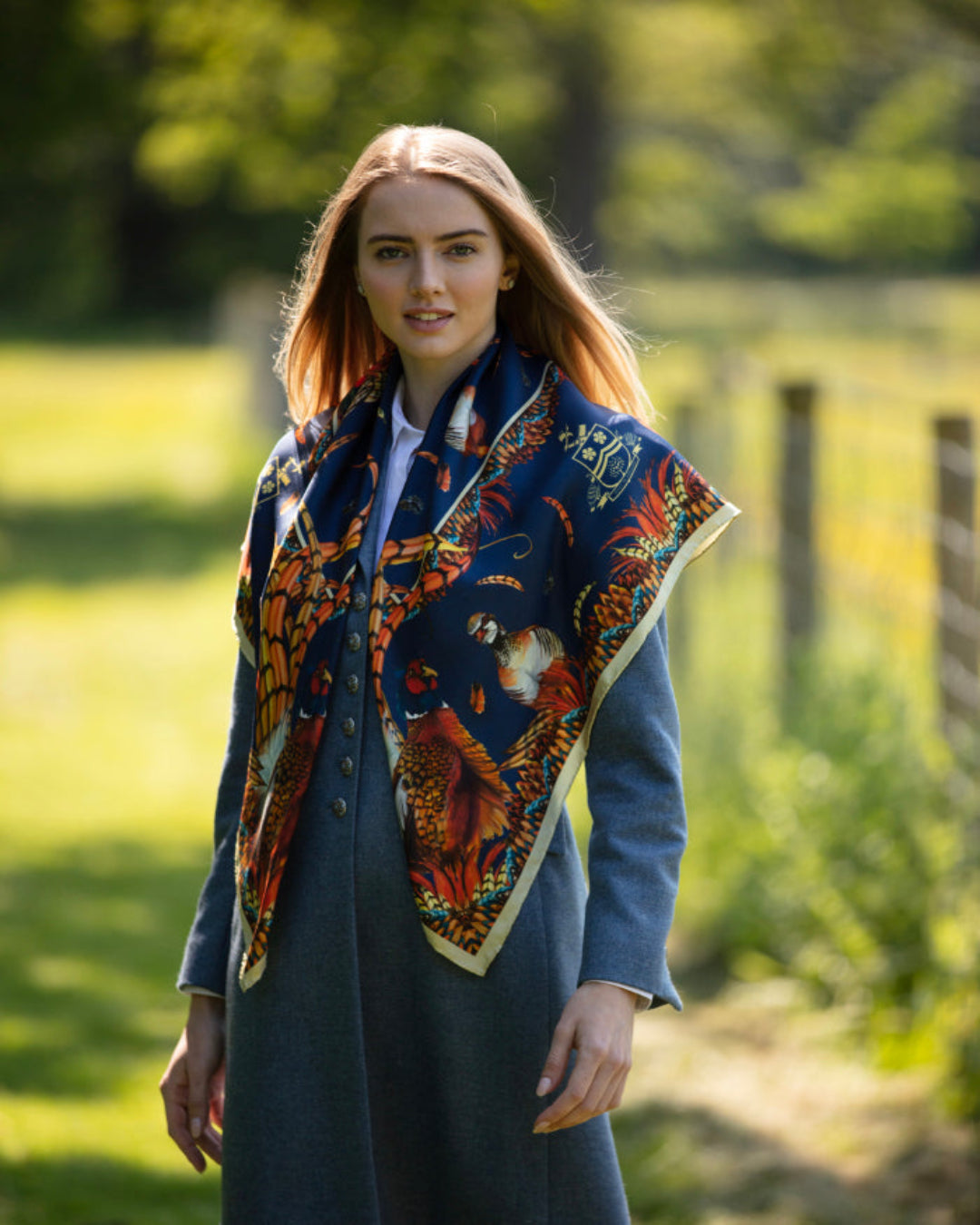 Heads or Tails Navy & Gold Large Square Silk Scarf by Clare Haggas