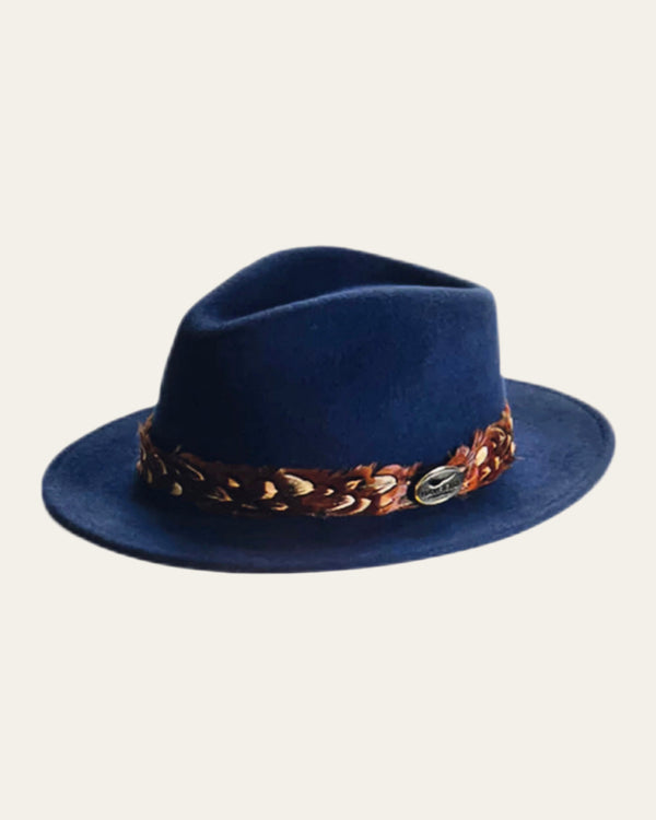 Navy Blue Felt Fedora with Pheasant Feather Wrap – Field Traditions